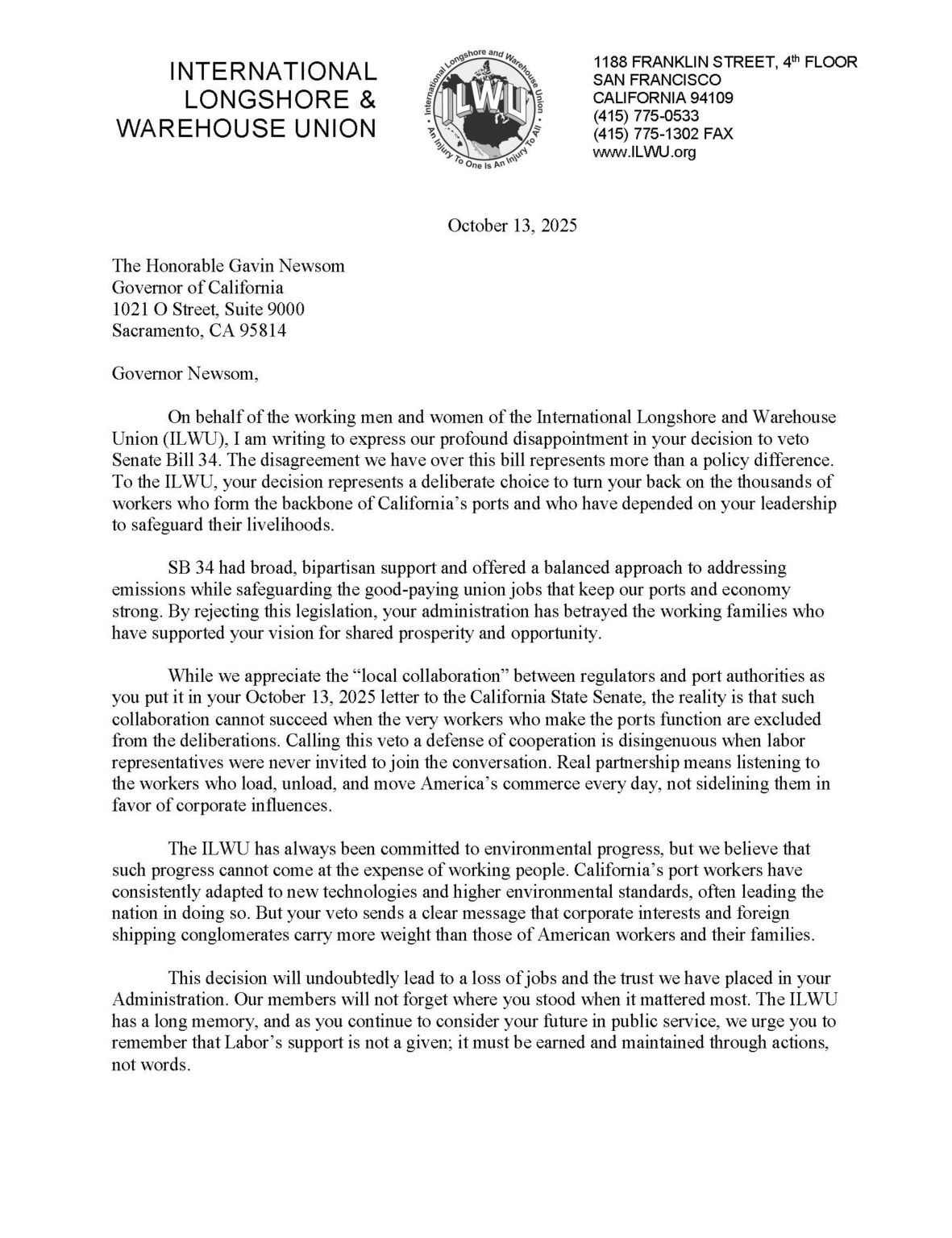 10-13-2025 ILWU President Olvera Jr. letter to Gov re SB 34 Veto – ILWU 13