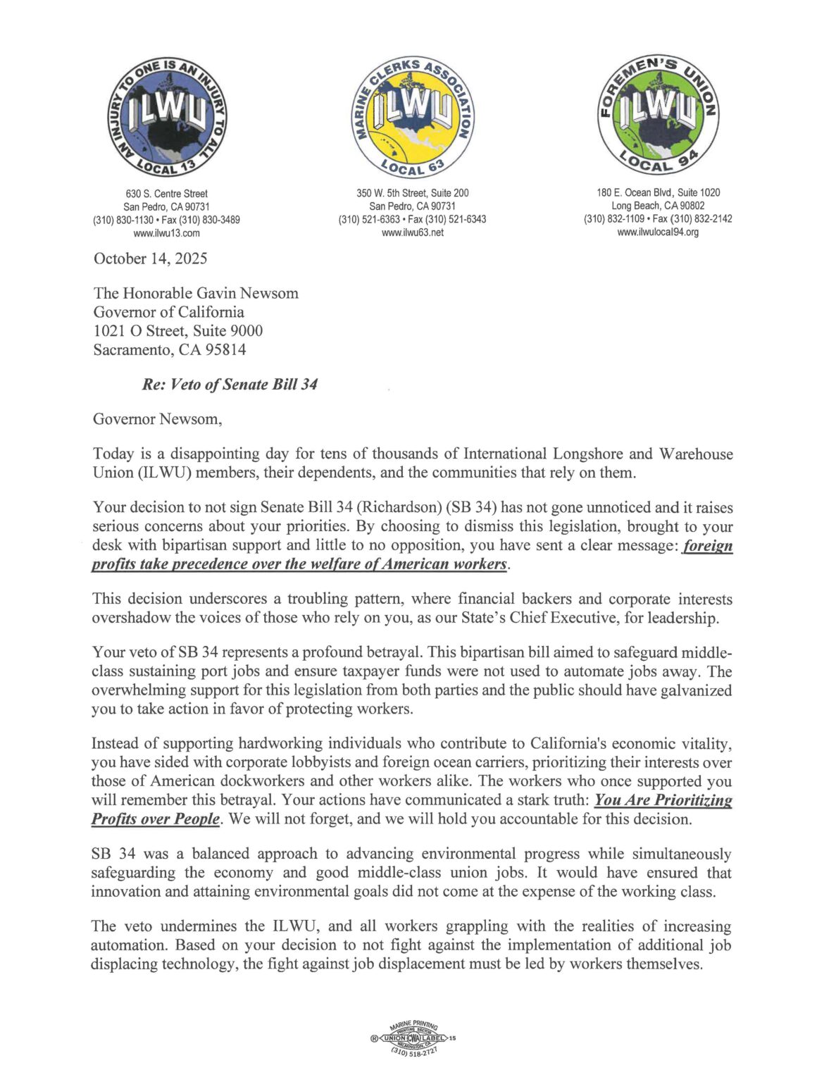 10-14-2025 Tri Party Letter to Gov re SB 34 Veto – ILWU 13