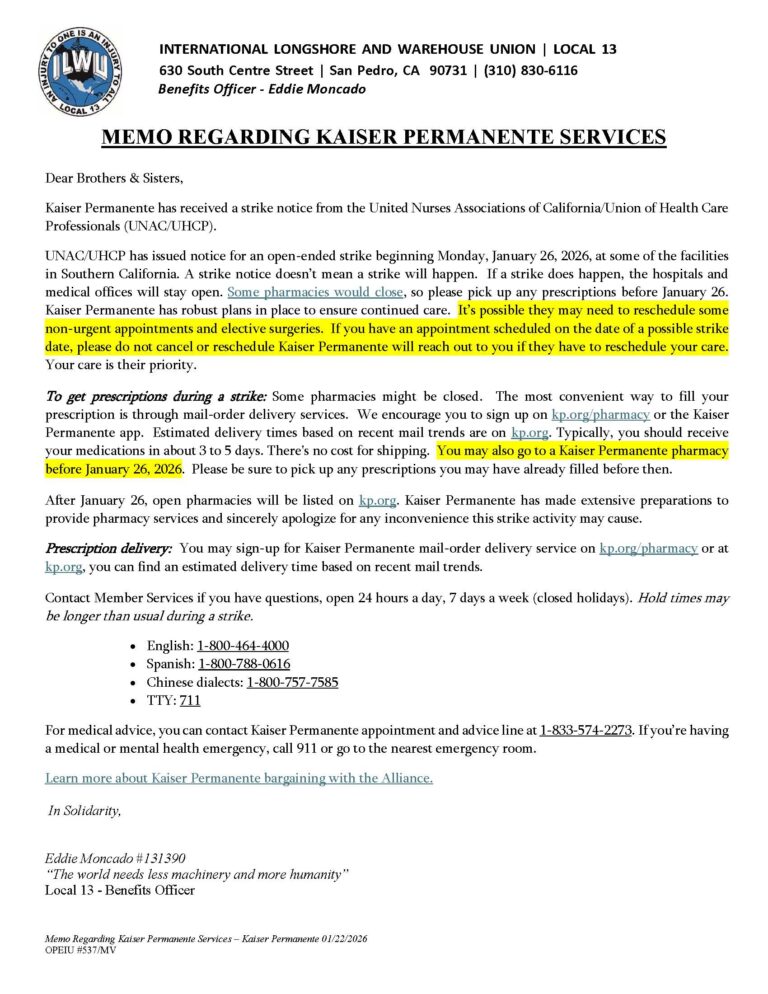 MEMO RE: Kaiser Services – ILWU 13