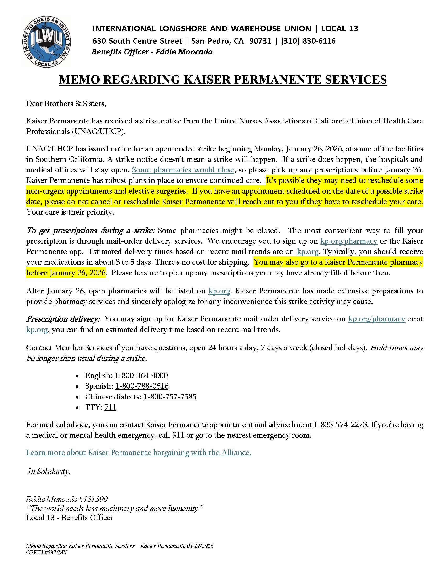 MEMO RE: Kaiser Services – ILWU 13